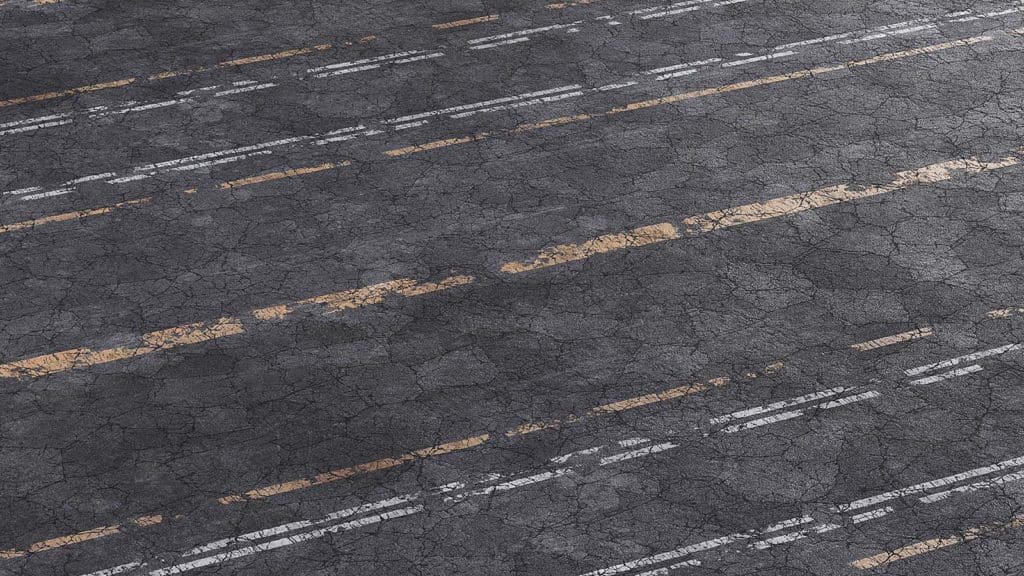 Damaged Road with Pavement and Lanes PBR Texture