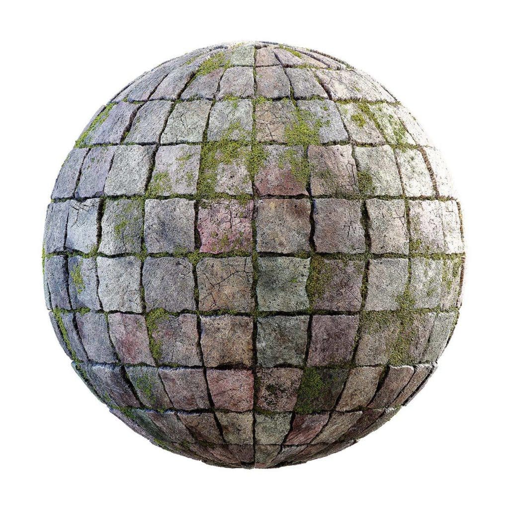 Square Stone Pavement with Moss PBR Texture